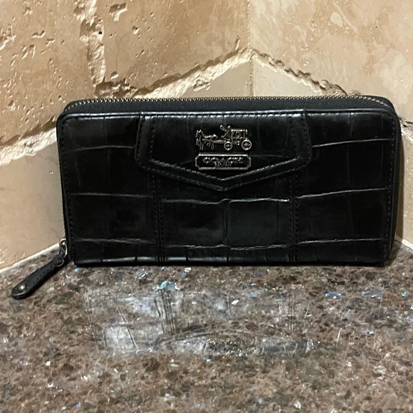 Coach | Bags | Coach Black Croc Embossed Accordion Zip Wallet | Poshmark